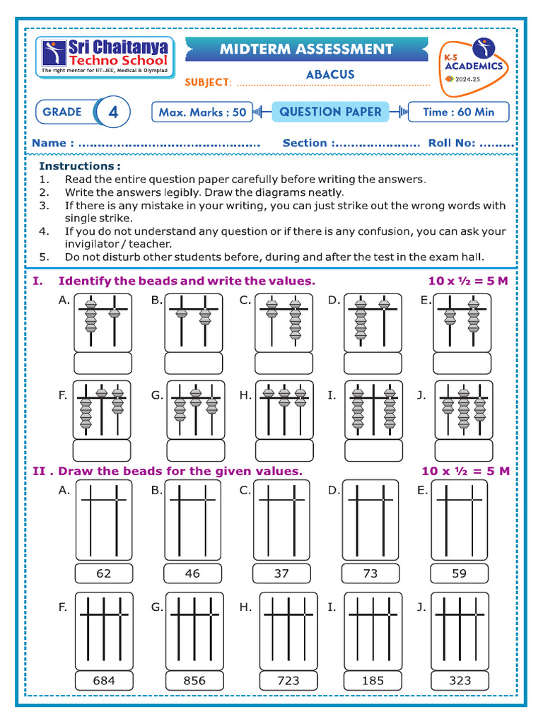 Abacus Grade-4 Midterm QP (2024-25) Set-B | PDF