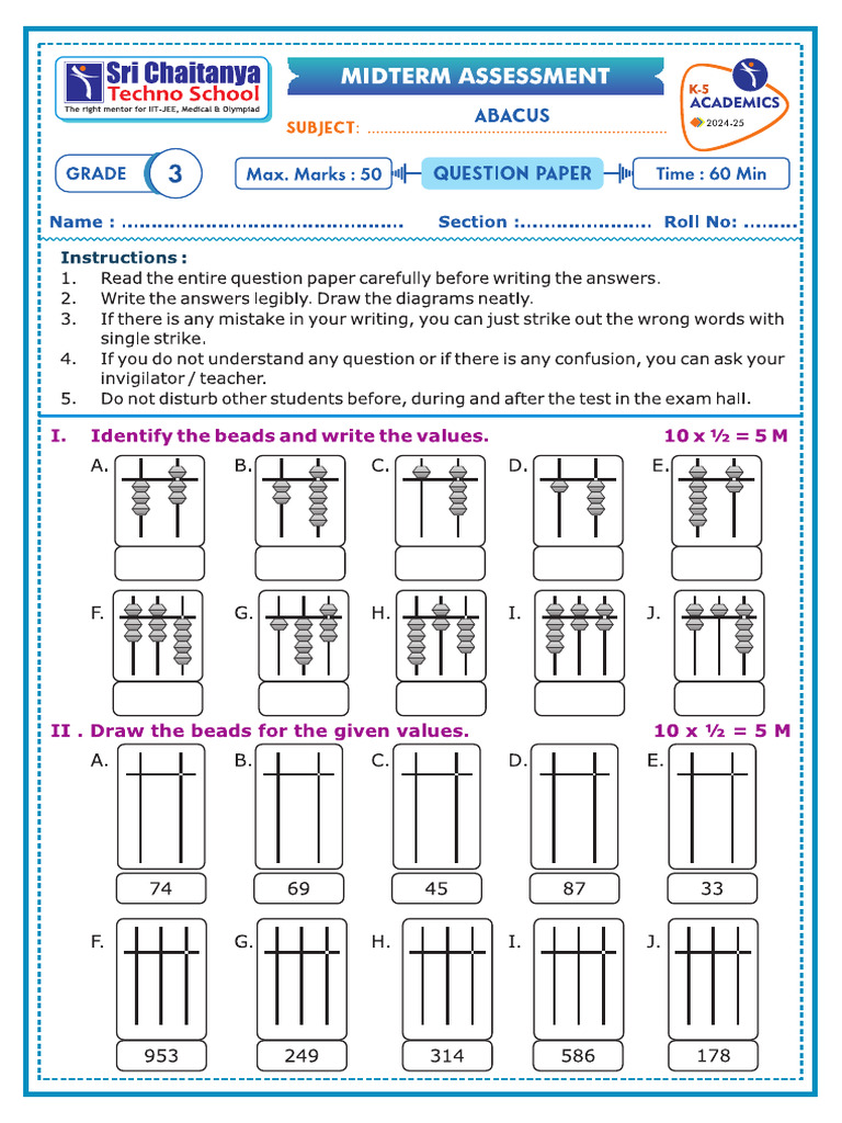 Abacus Grade-3 Midterm QP (2024-25) Set-B | PDF