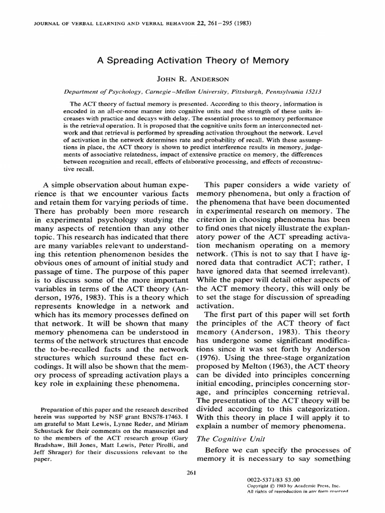 Anderson (1983) A Spreading Activation Theory of Memory | PDF | Recall (Memory) | Memory