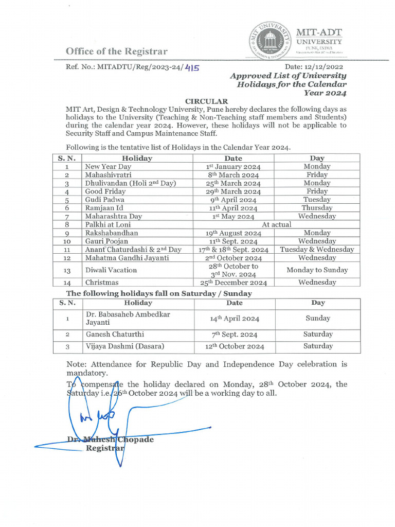 415 - Circular-Holidays Calender - 13122023063327 | PDF