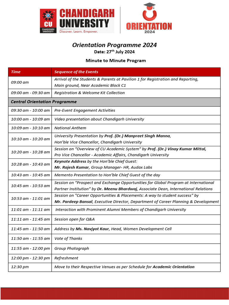 Minute to Minute Program - Orientation 2024 for 27th July | PDF