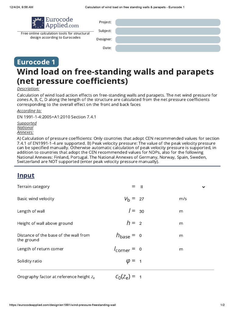 Calculation of Wind Load On Free Standing Walls & Parapets - Eurocode 1 ...