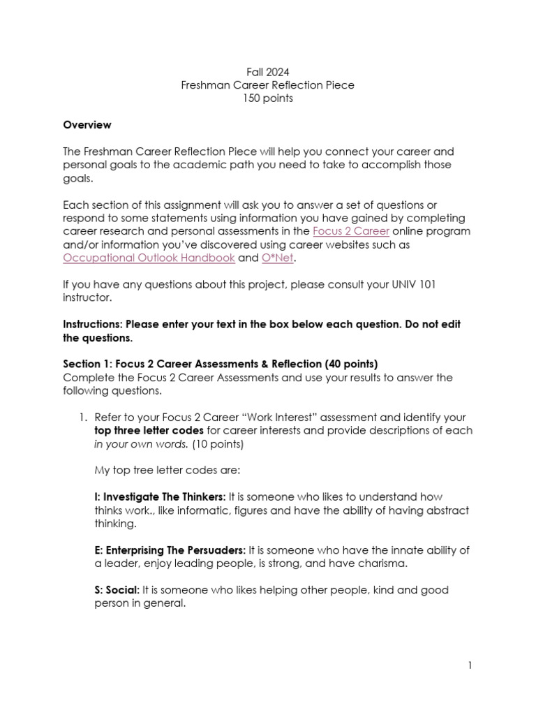 Freshman Career Reflection Guide | PDF | Communication | Thought