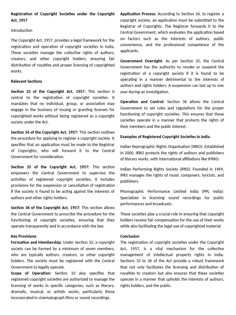 Registration of Copyright Societies Under The Copyright Act | PDF ...