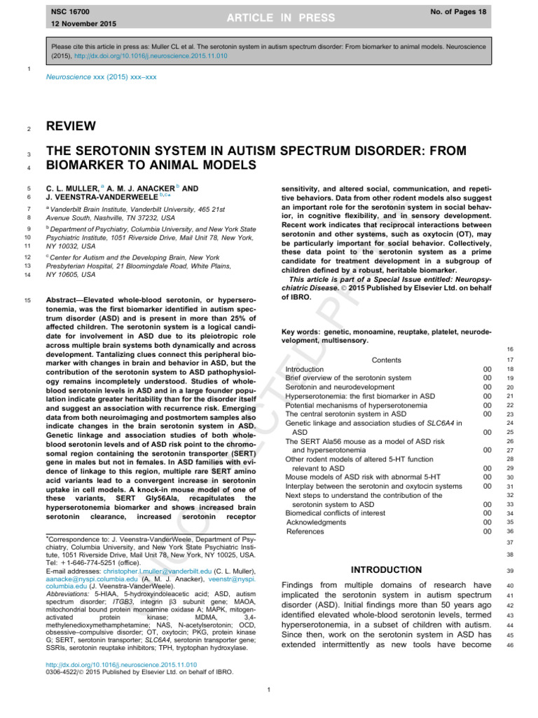 j.neuroscience.2015.11.010 | PDF | Serotonin | Autism Spectrum