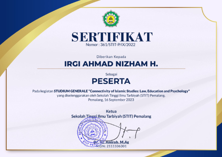 Sertifikat Studium Generale Irgi Ahmad Nizham H. - Stit Pemalang-1 | PDF