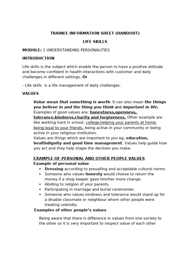 Life Skills Module 1: Personal Values | PDF | Communication | Self Esteem