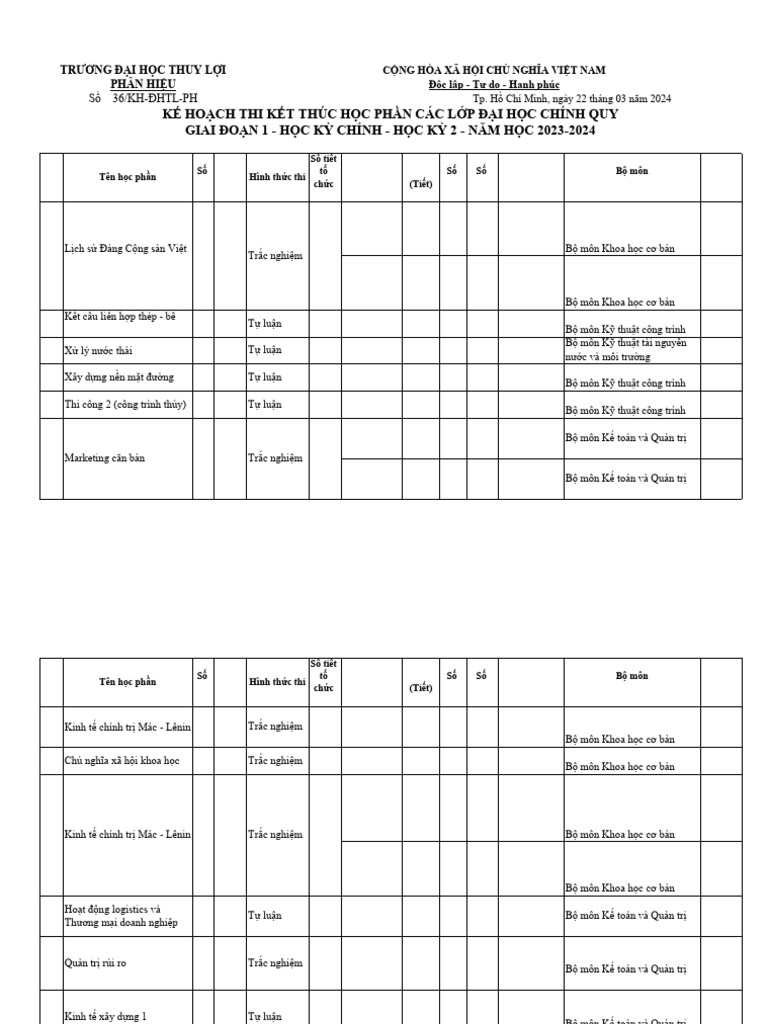 2.ke Hoach Thi Theo Khoa GD1 K2!23!24 Web | PDF