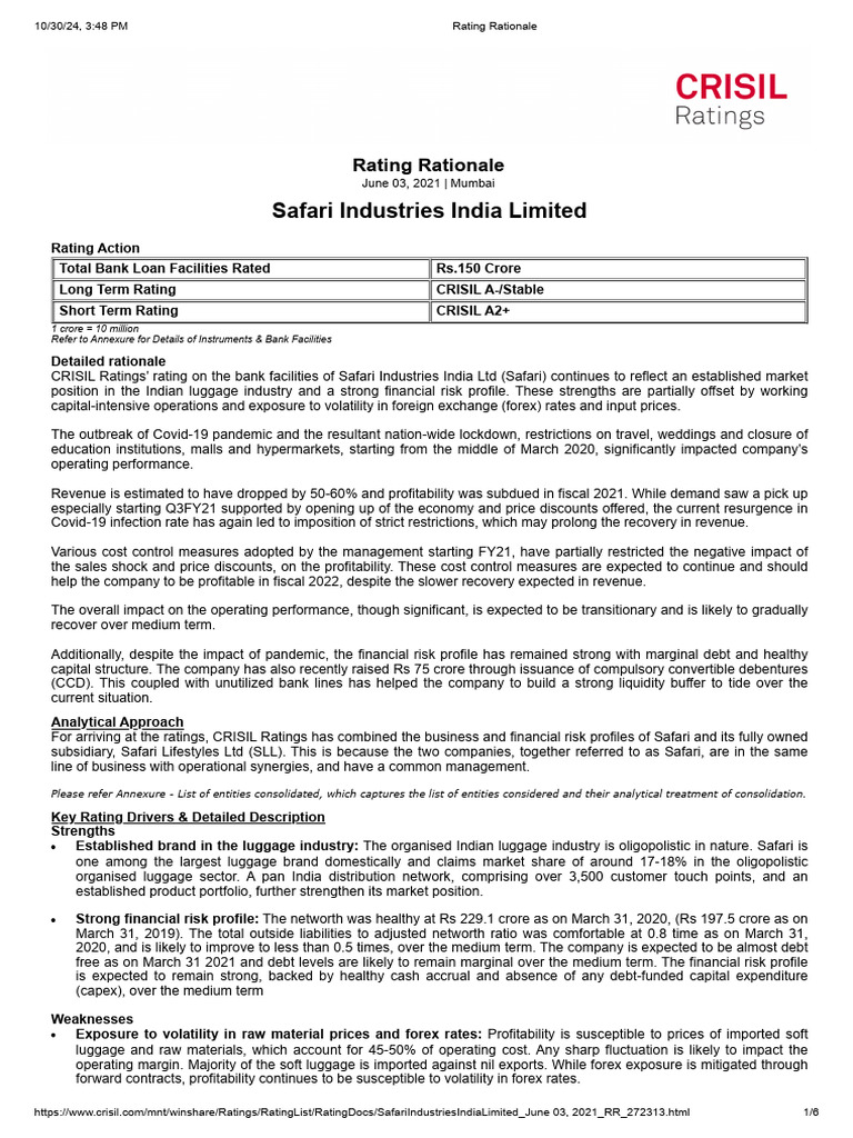 CRISIL Rating Analysis of Safari Industries | PDF | Securities (Finance ...
