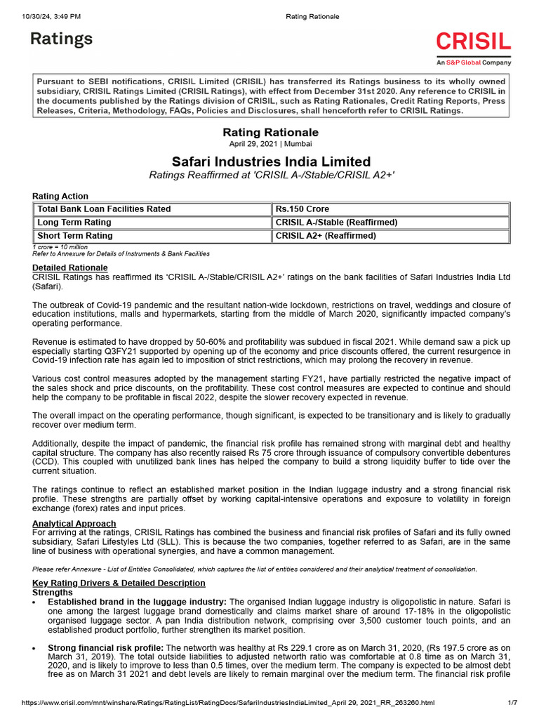 2021 April Rationale Crisil | PDF | Securities (Finance) | Damages