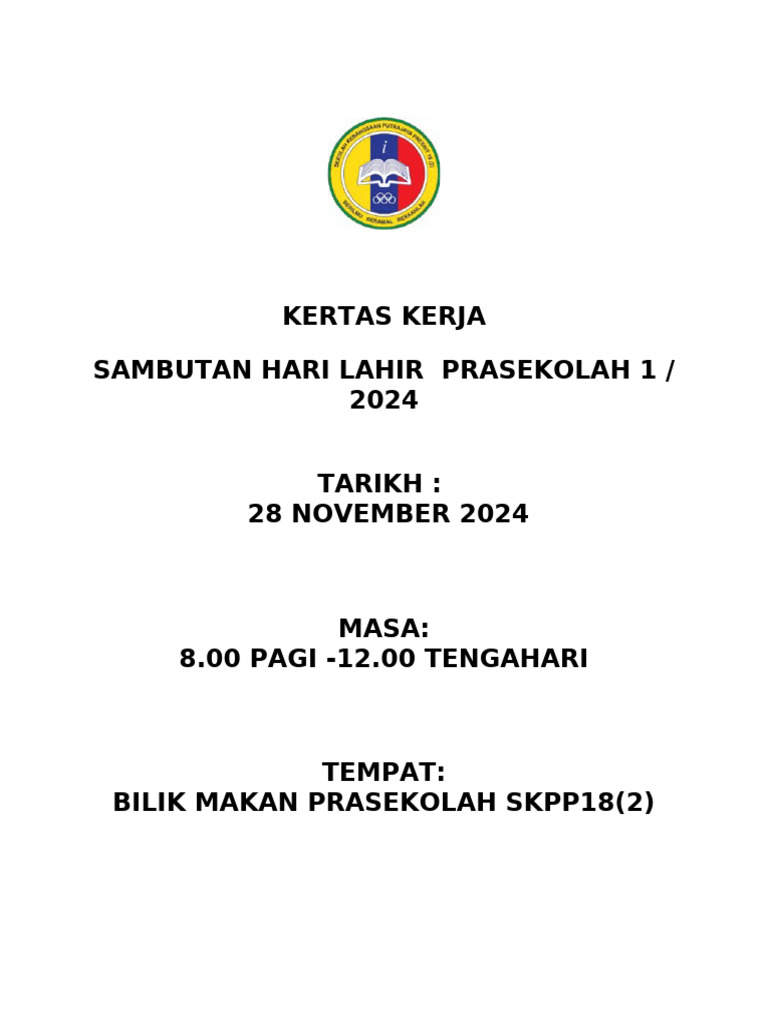 Kertas Kerja Hari Lahir 1 Prasekolah SKPP18 (2) 2024 | PDF