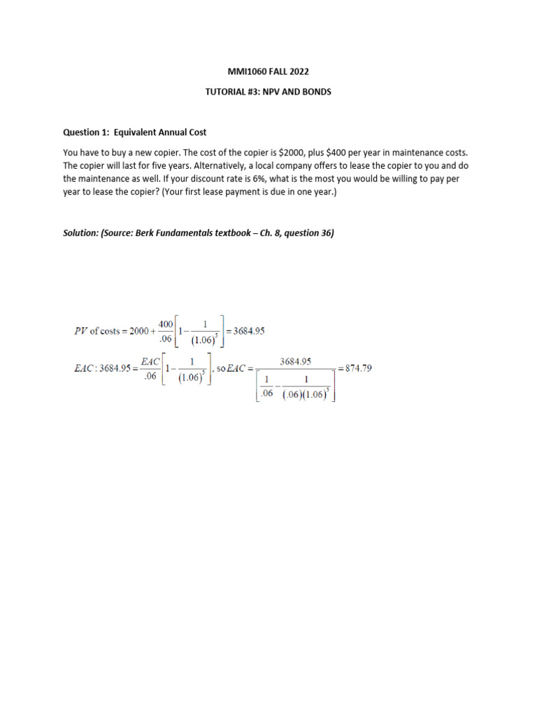 1060 F2022 Week 4 Tutorial 3 - NPV and Bonds - SOLUTION | PDF