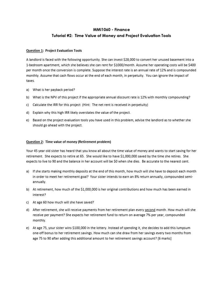 1060 F2022 Week 3 Tutorial 2 - TVM & Project eval - QUESTION | PDF | Mortgages | Interest
