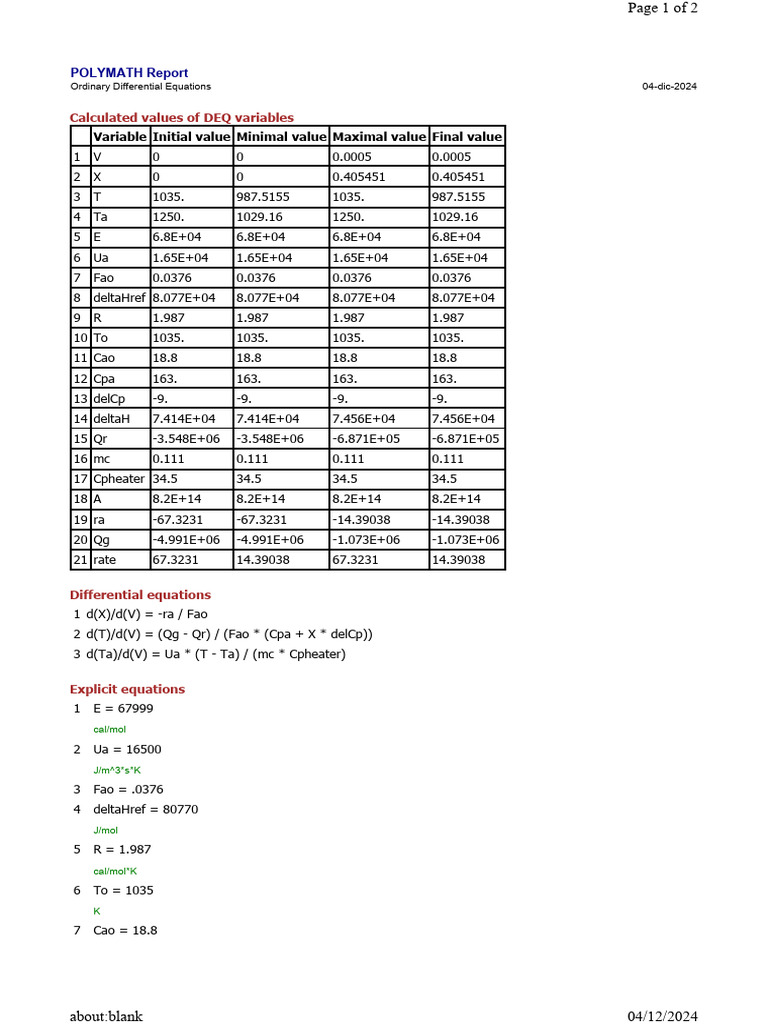 Reactor RCFP No Isotermo No Estacionario | PDF | Mathematics ...