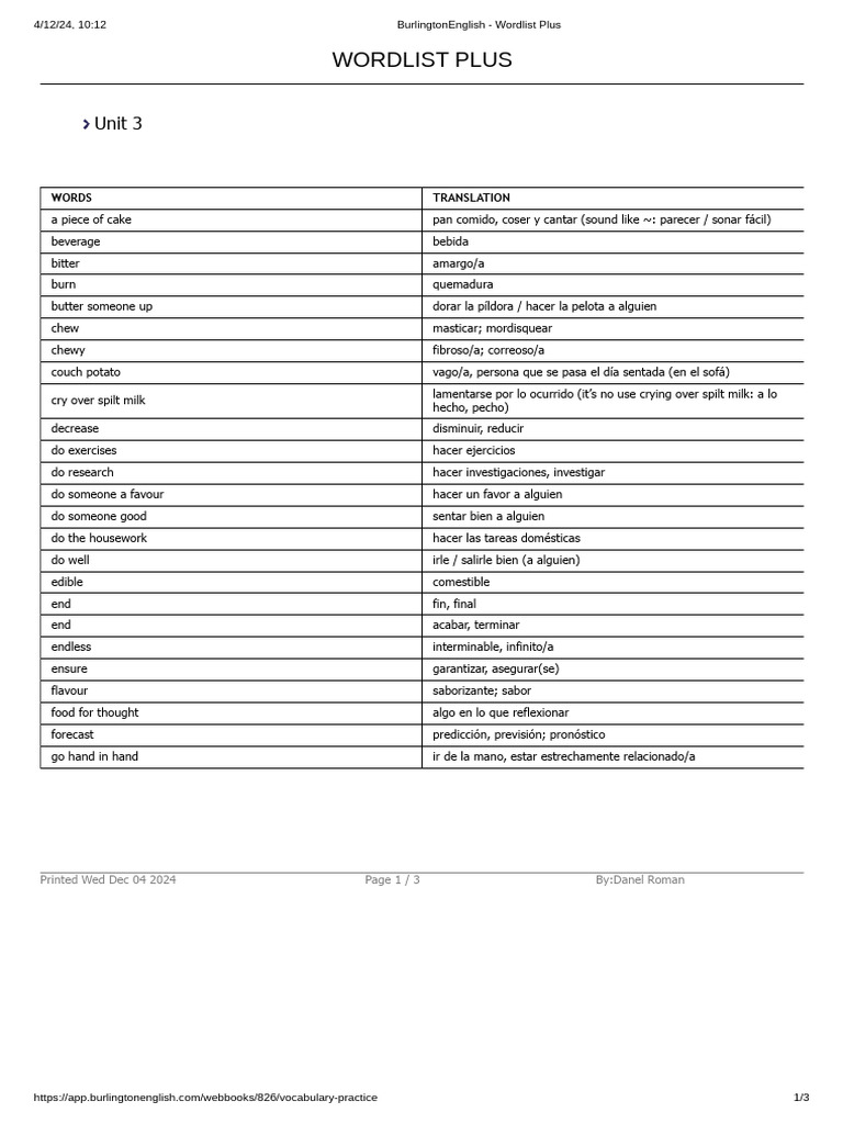 BurlingtonEnglish vocabulary unit 3 | PDF