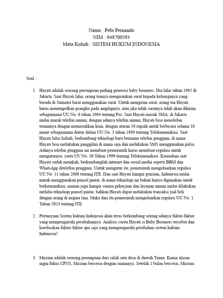 TUGAS 1 SISTEM HUKUM INDONESIA (Pebi Pernando) | PDF