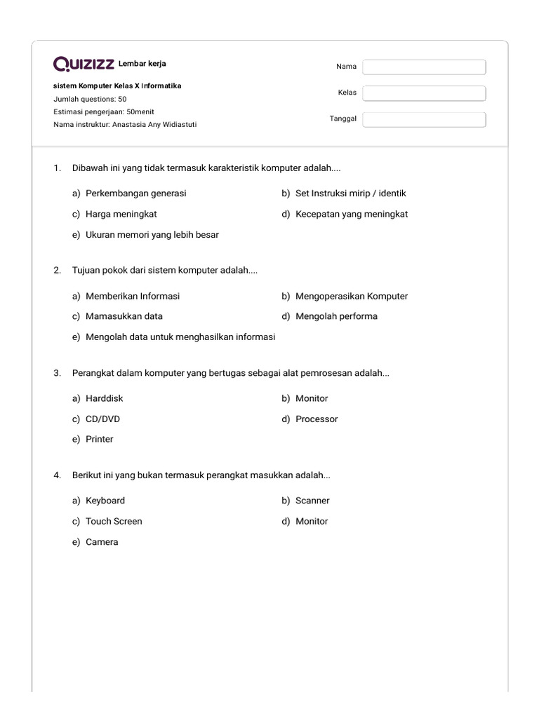 Sistem Komputer Kelas X Informatika - Quizizz | PDF