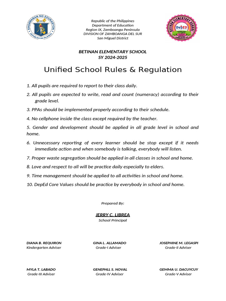 Unified School Rules Regulation | PDF