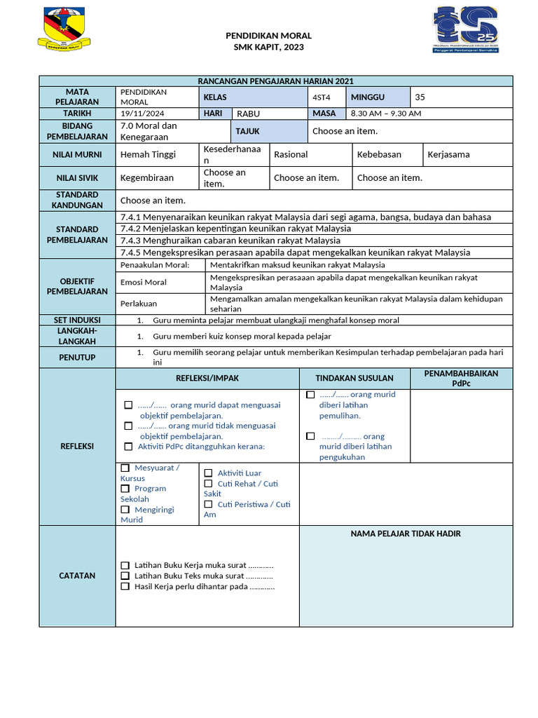 Pendidikan Moral SMK KAPIT, 2023 | PDF