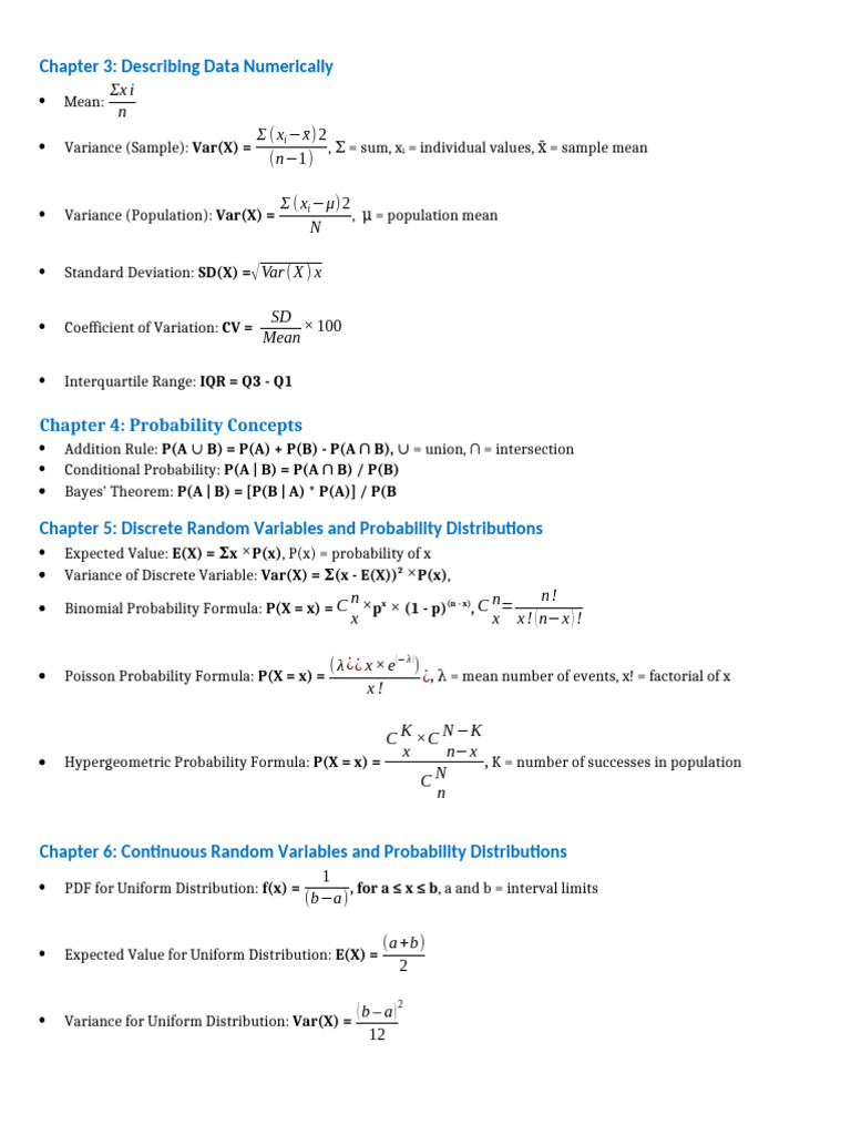 CH1-6 Formula Sheet | PDF | Variance | Standard Deviation