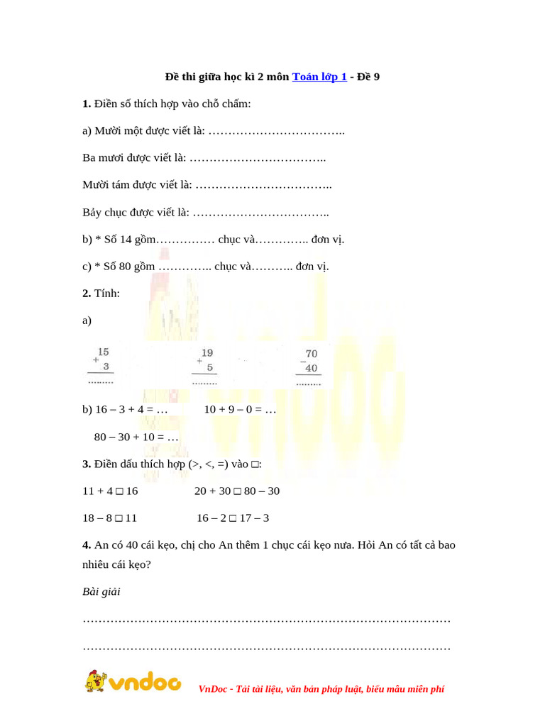 De Thi Giua Hoc Ki 2 Mon Toan Lop 1 de 9 | PDF