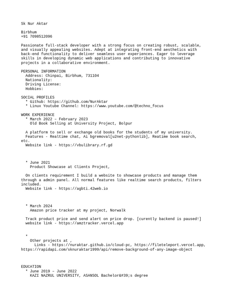 SK NUR Aktar - Resume | PDF