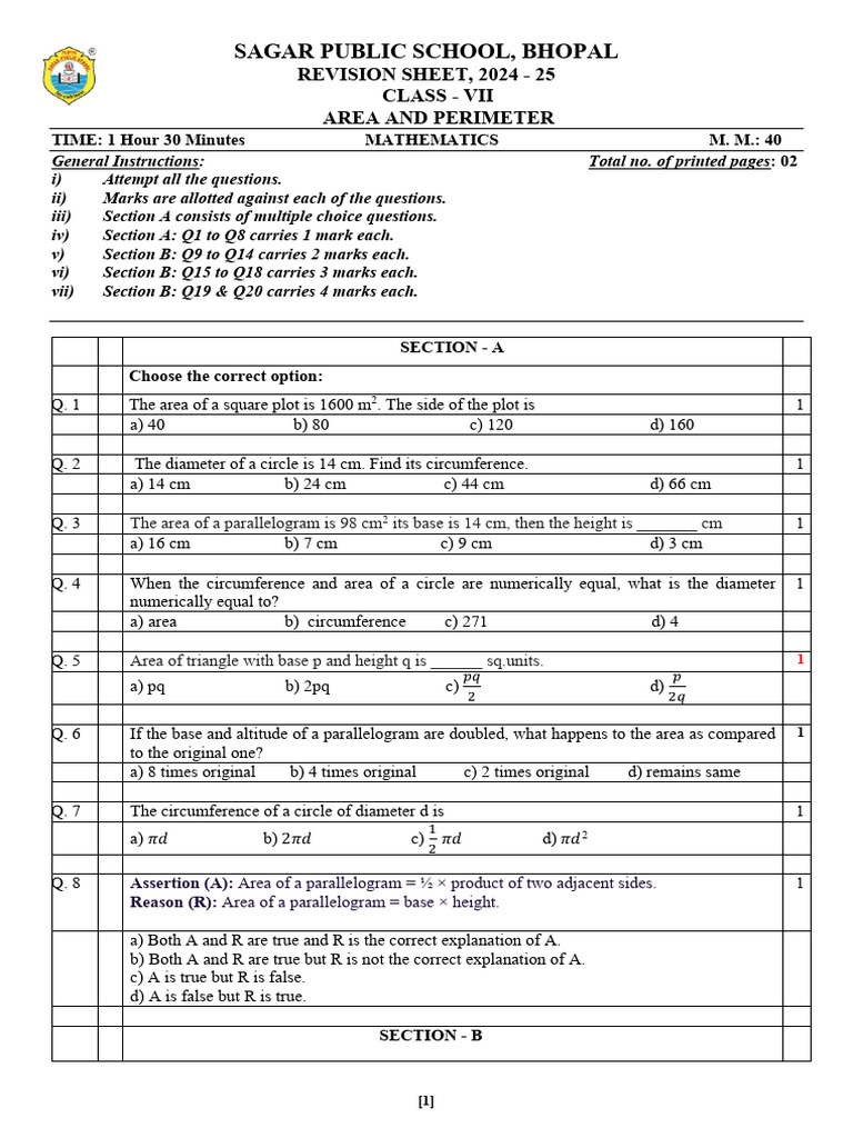 Class Vii Revision Sheet Ch Area and Perimeter | PDF | Area | Length