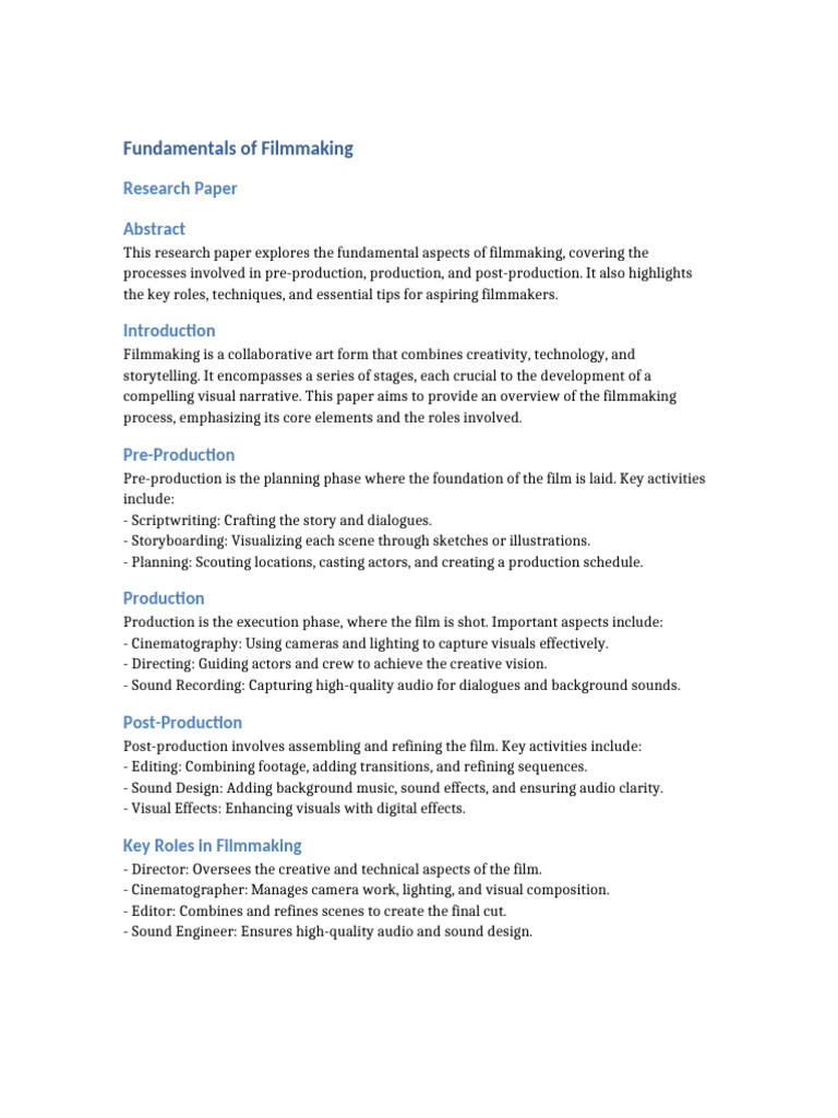 Fundamentals of Filmmaking Research Paper | PDF