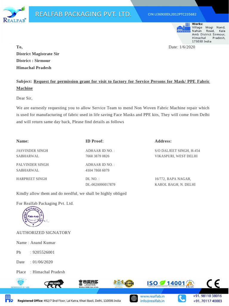 Permission For Service Team Visit | PDF