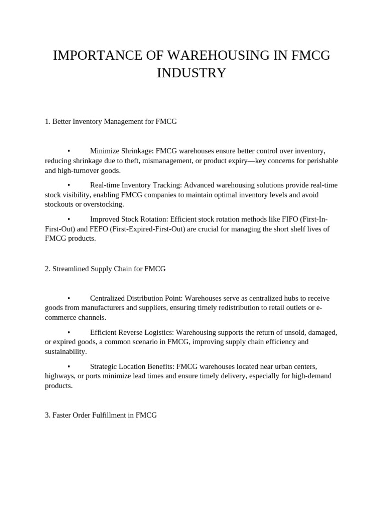 Importance of Warehousing in Fmcg Industry | PDF | Warehouse | Supply Chain