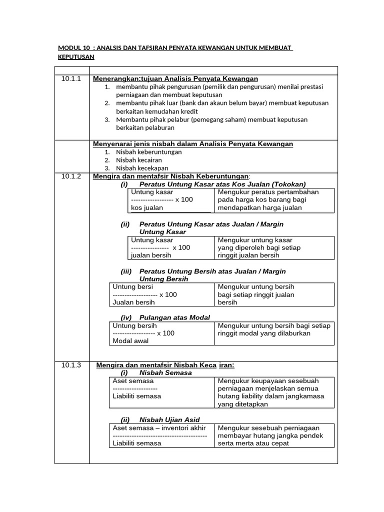 Nota Prinsip Perakaunan Tingkatan 5 Analisis Tafsiran Nisbah | PDF
