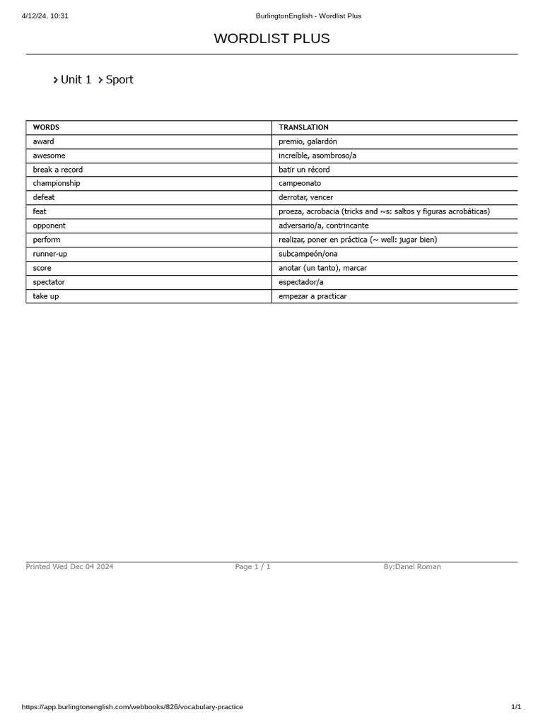 BurlingtonEnglish Unit 1 Sports | PDF