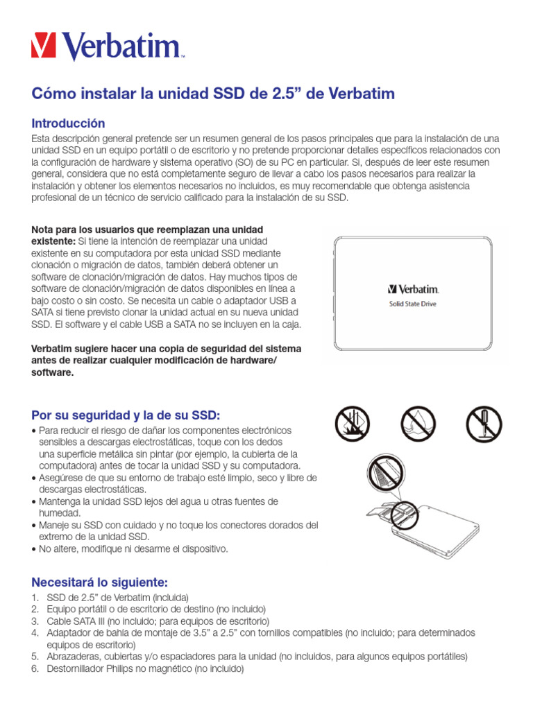 Instalación SSD Verbatim 2.5" Guía | PDF | Unidad de estado sólido | Disco duro