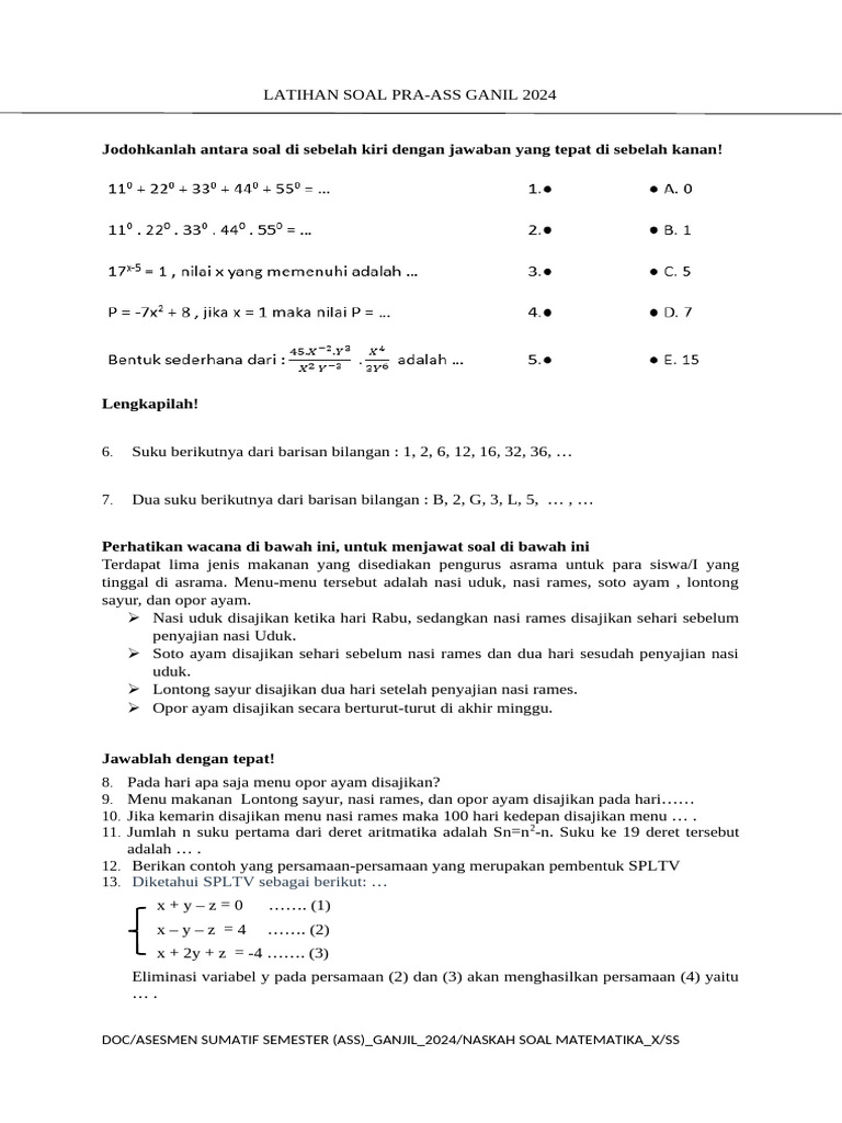 LATIHAN PRA-SOAL_ASS Ganjil_MTK_X | PDF
