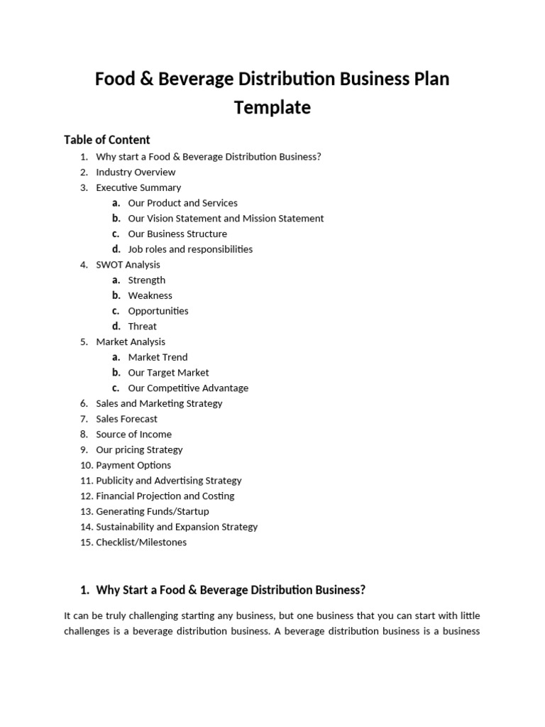 A Sample Food & Beverage Distribution Business Plan Template | PDF ...