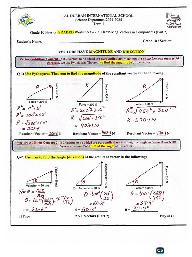 Answer Key Worksheet 2.5.1 Vectors Part 2 | PDF