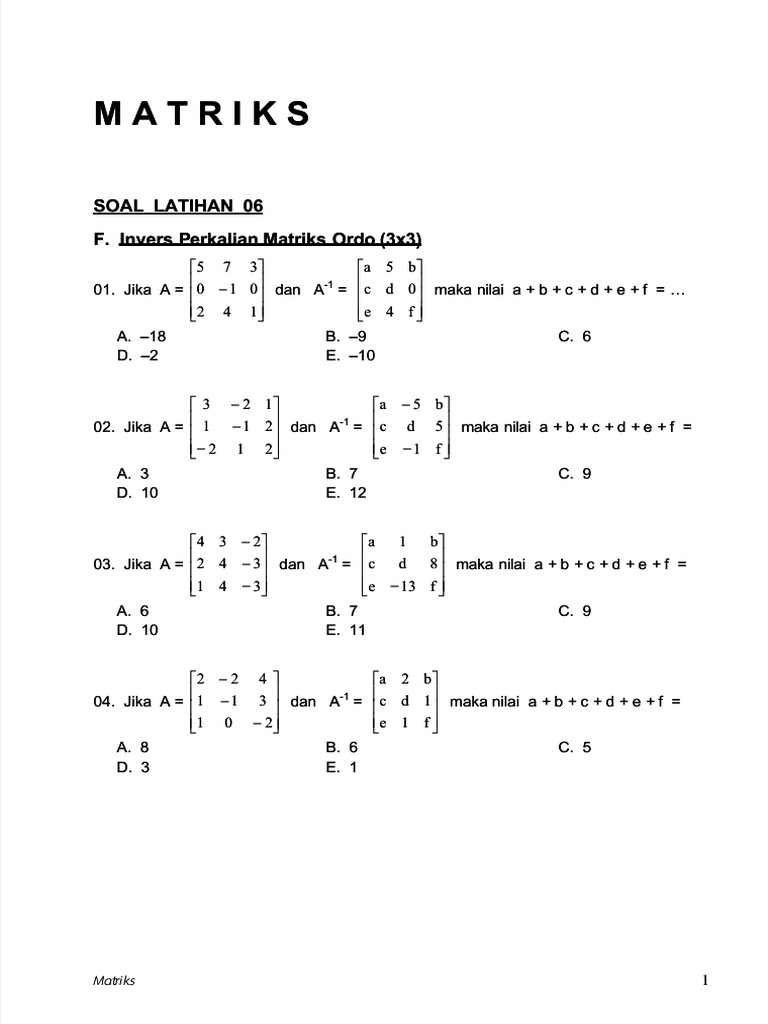 PDF 12 Latihan 11 Invers Perkalian Matriks Ordo 3x3 WWW Defantricom ...