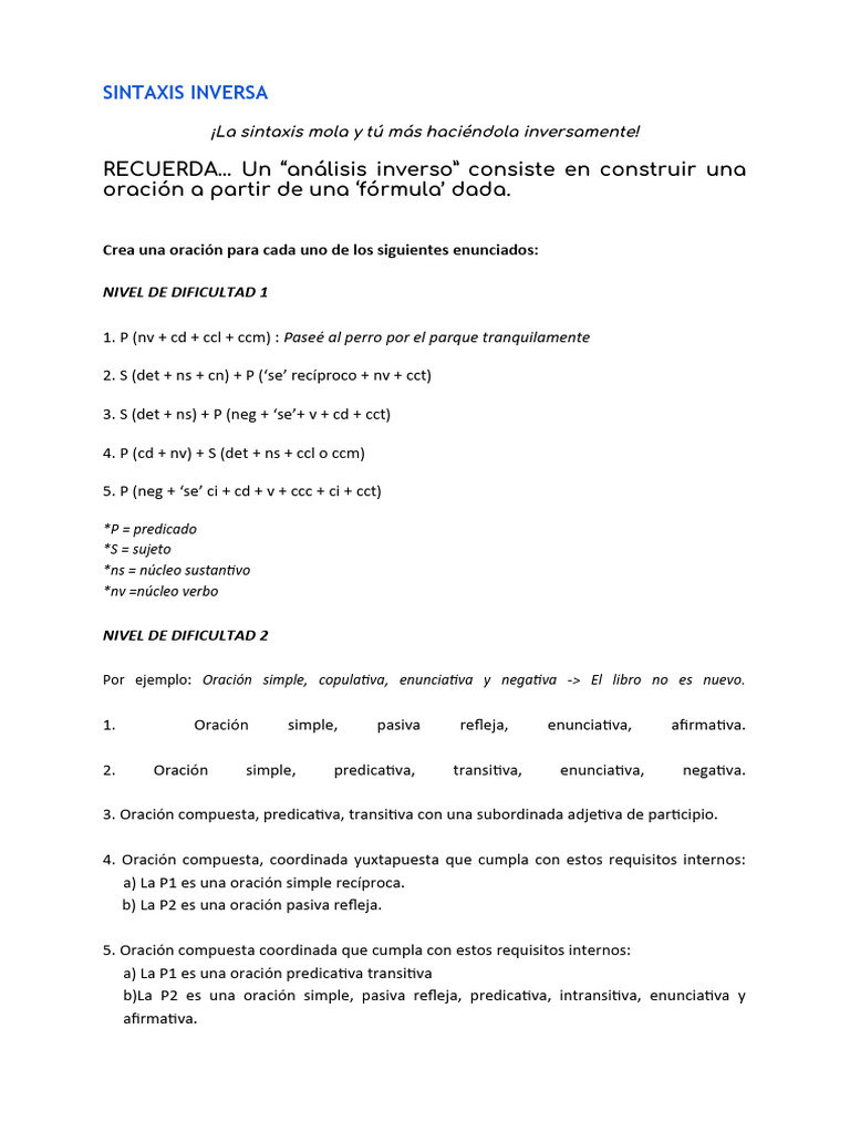 Sintaxis inversa - ejercicios I (3) | PDF | Oración (Lingüística) | Mecánica del lenguaje