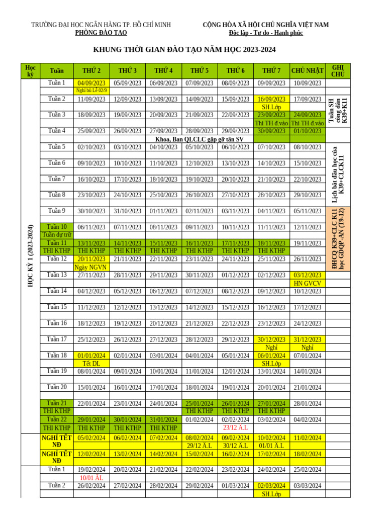 A - Ban Hành Lịch Giảng - Lịch Thi Hệ Đại Học Chính Quy Chuẩn HK2 Năm 2023 - 2024 | PDF