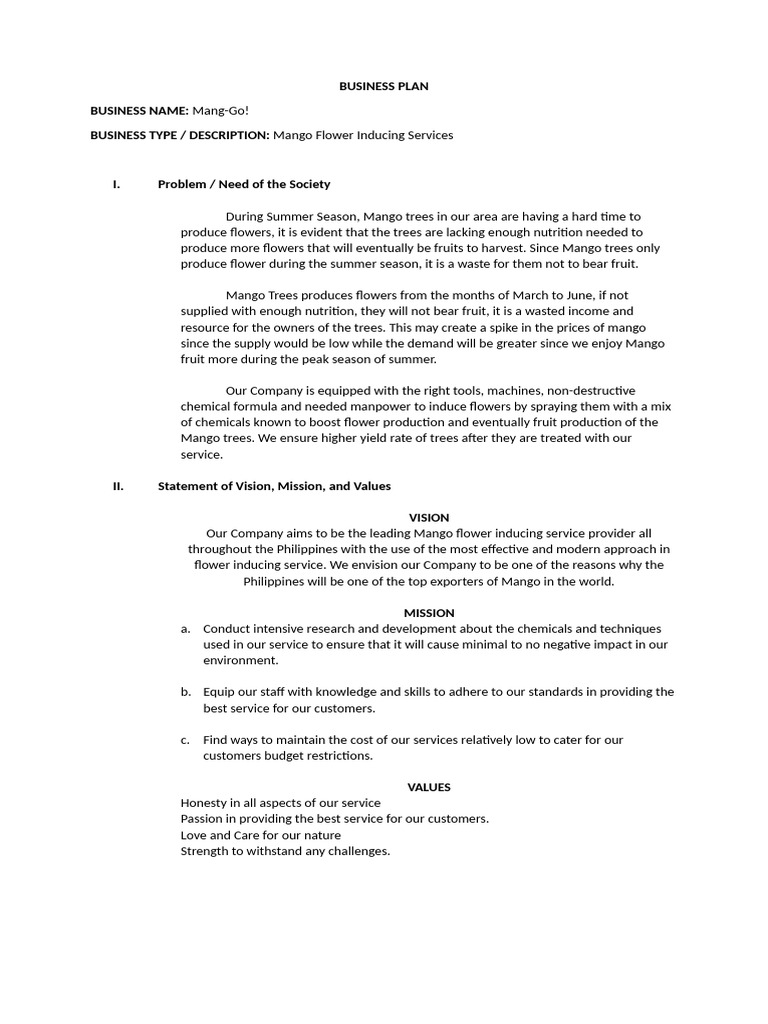 Business Plan Sample (1) | PDF | Mango | Flowers