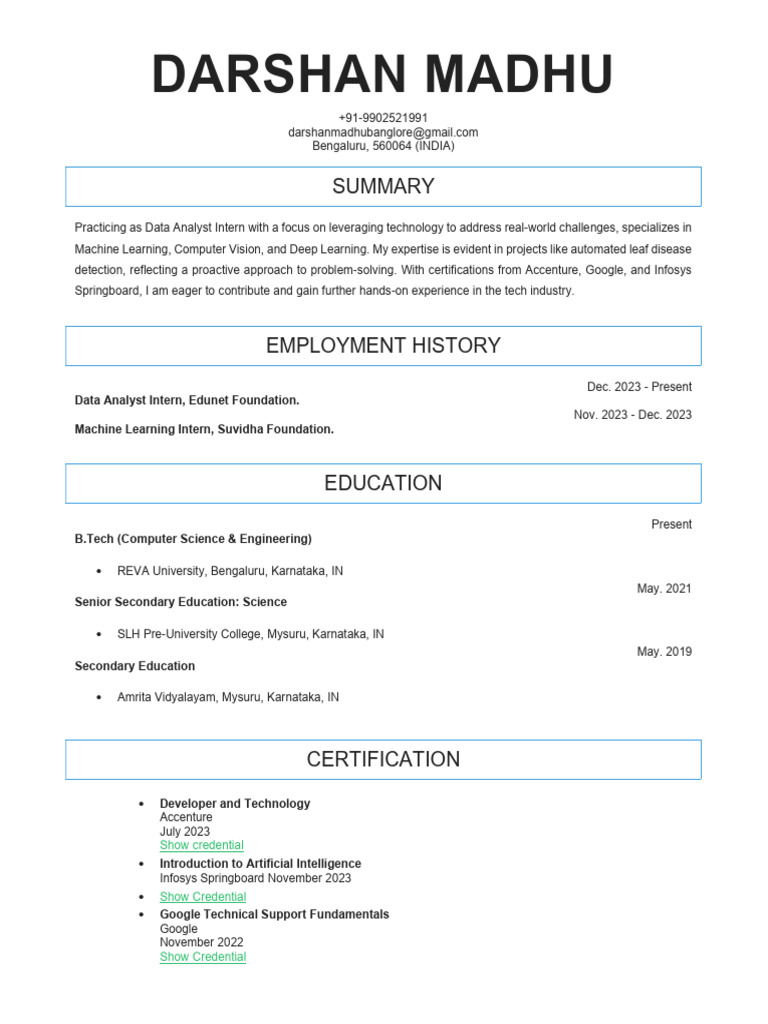 Resume Darshan | PDF | Machine Learning | Computing
