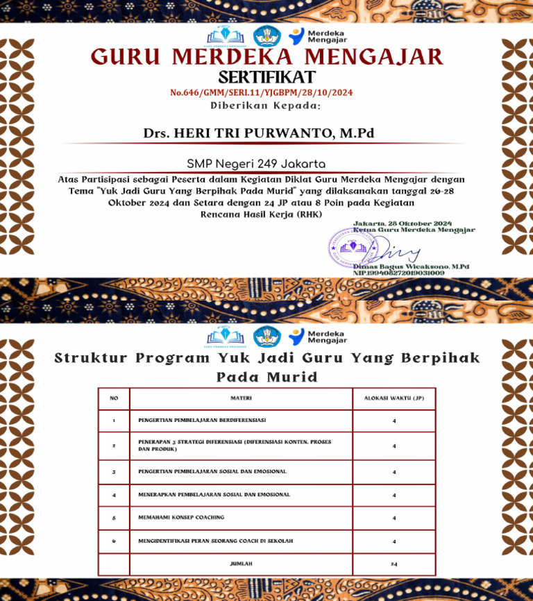 Drs. Heri Tri Purwanto M.PD SMP Negeri 249 Jakarta E-Sertifikat Diklat GMM Seri-11 | PDF