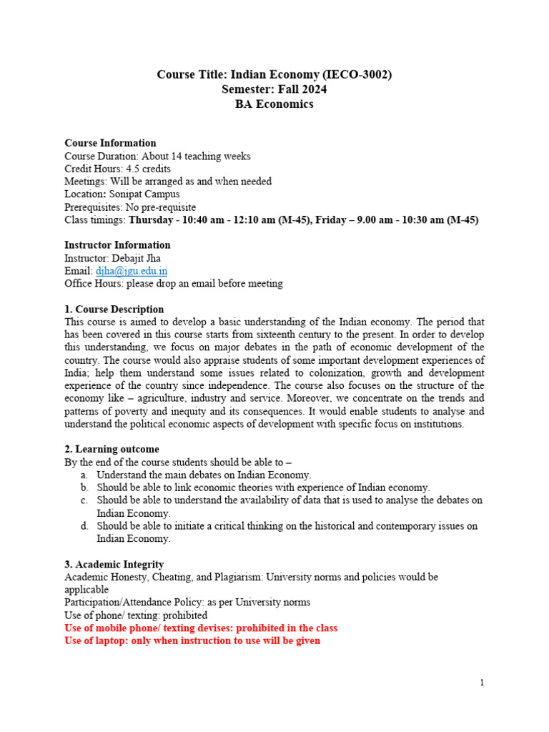 Indian Economy - Course Outline 2024 | PDF | Academic Dishonesty ...