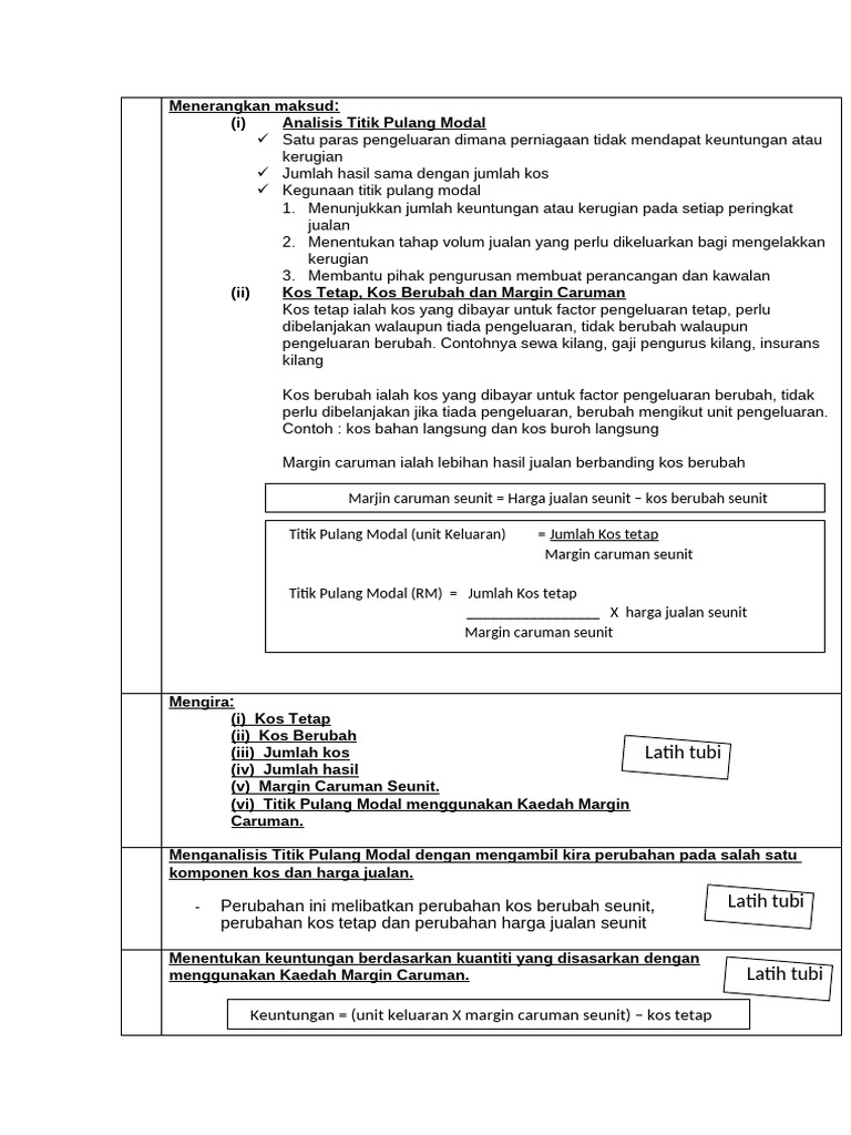 Nota Prinsip Perakaunan Tingkatan 5 Titik Pulang Modal | PDF