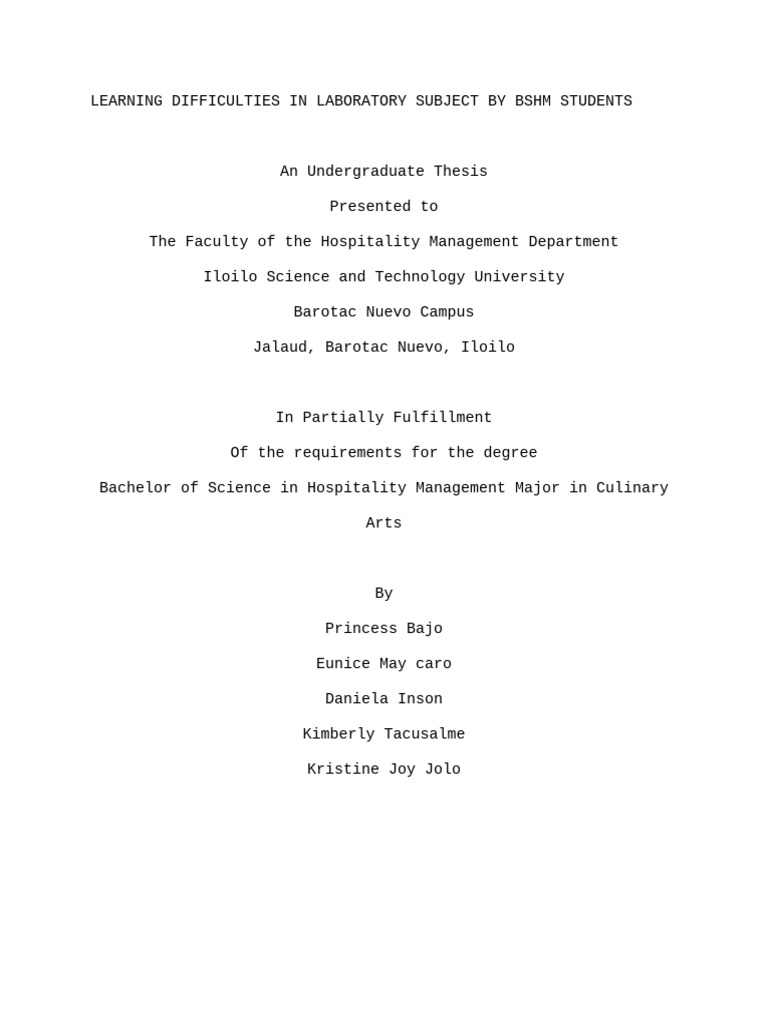 Learning Difficulties in Laboratory Subject by BSHM Students | PDF | Learning | Learning Disability