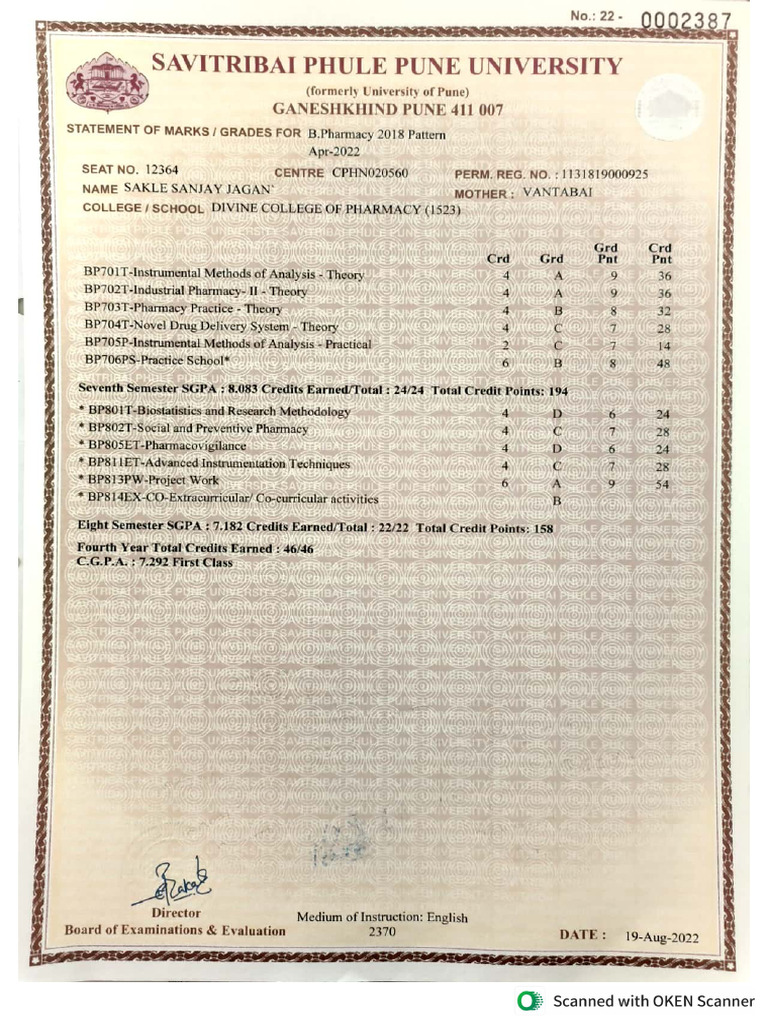 Last year marksheet(7) | PDF