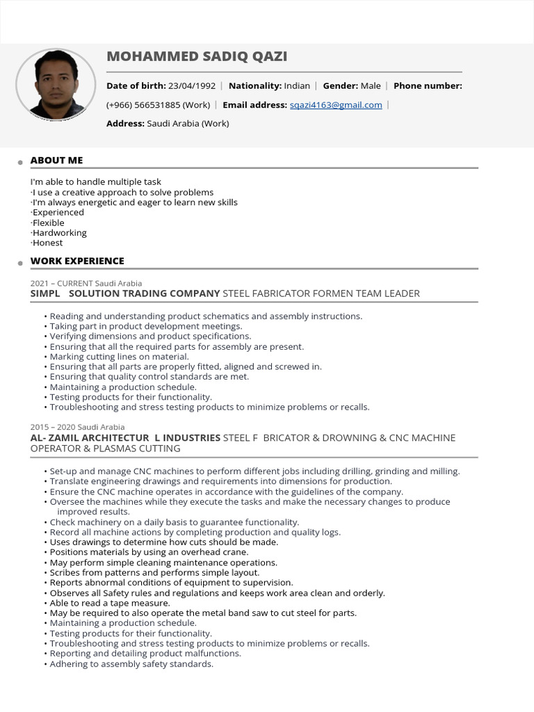CV - MOHAMMED SADIQ QAZI (1) (1) | PDF | Welding | Construction