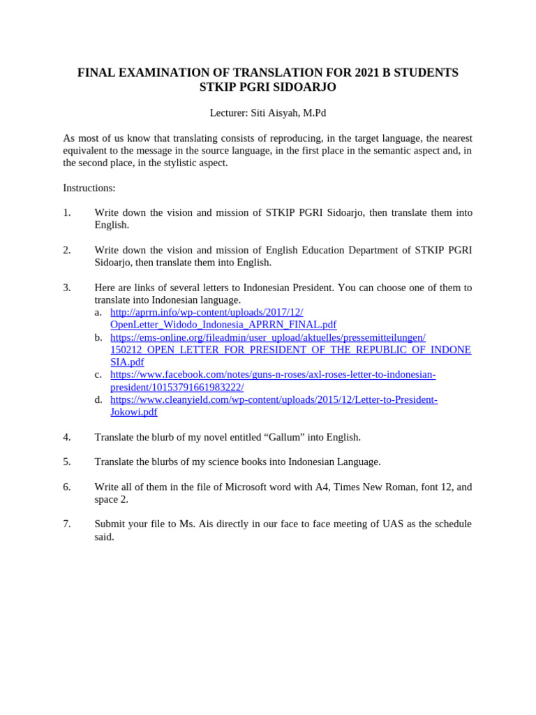 AIS FINAL EXAMINATION OF TRANSLATION FOR 2021 B STUDENTS | PDF