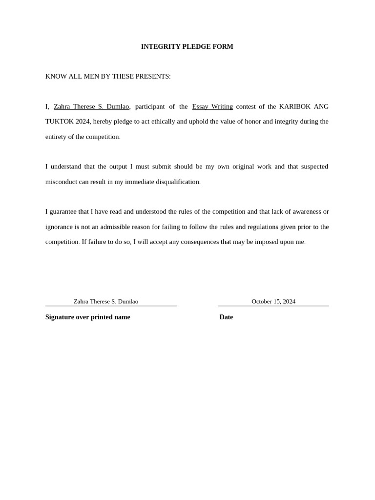 Integrity Pledge Form | PDF