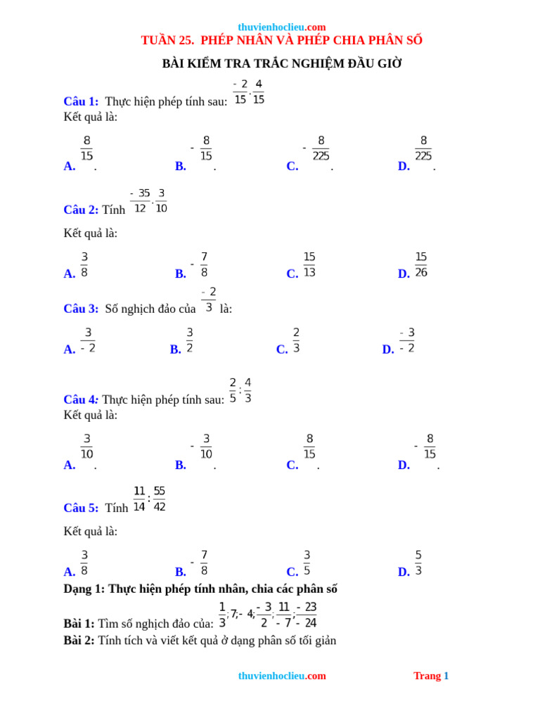 Thuvienhoclieu.com Bai Tap Toan 6 Kntt Tuan 25 Phep Nhan Va Phep Chia Phan So | PDF